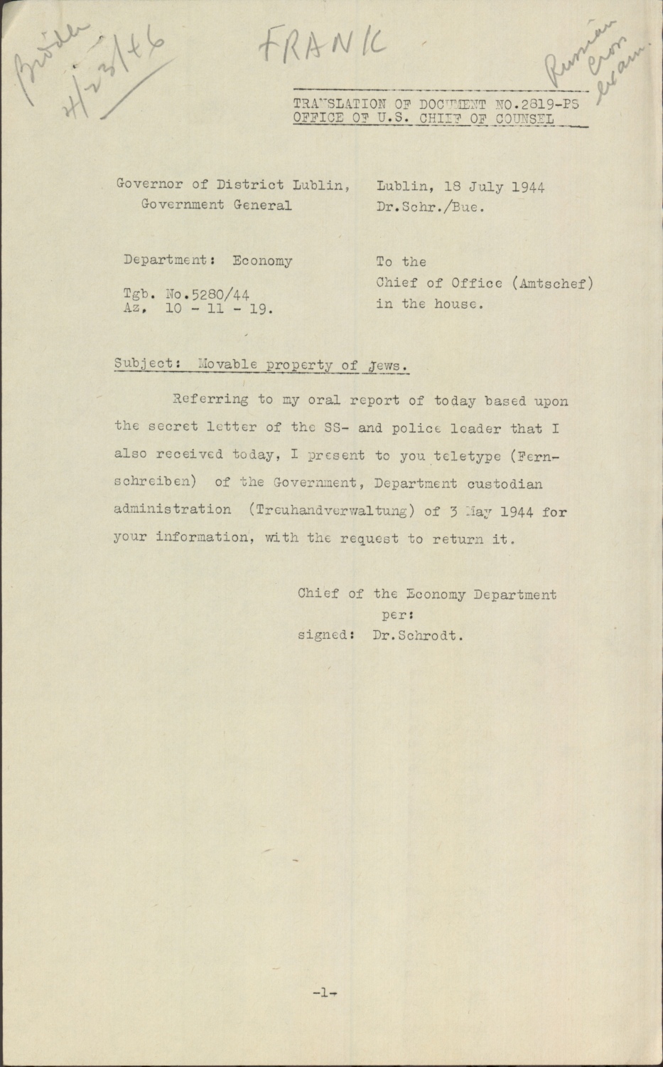 Nuremberg - Document Viewer - Memorandum and teletype on the agreement of the SS to transfer to ...