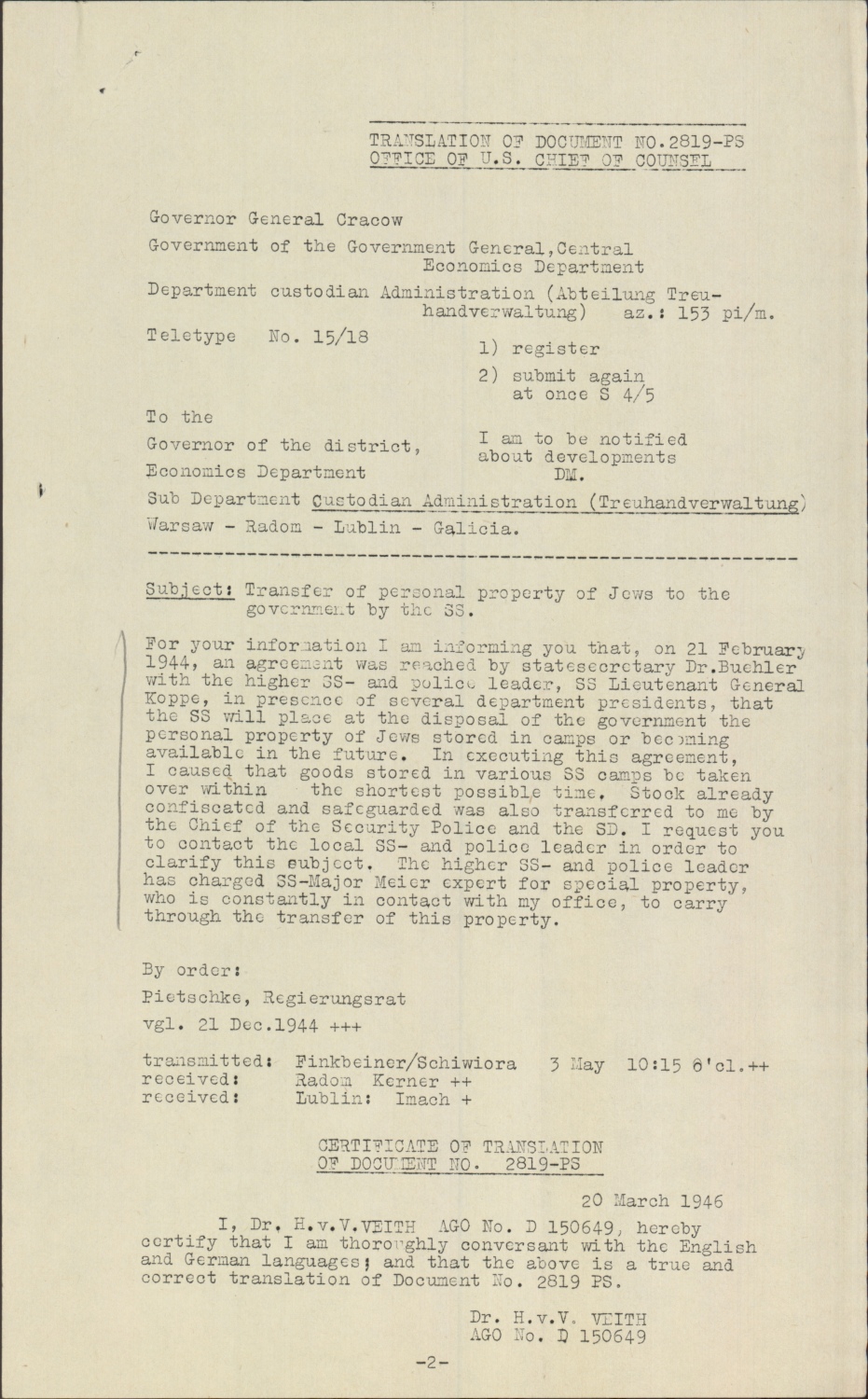 Nuremberg - Document Viewer - Memorandum and teletype on the agreement of the SS to transfer to ...